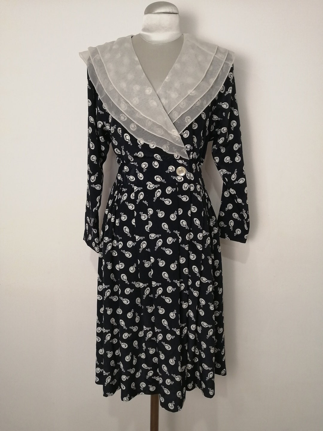 Vintage Blue Dress With Hats Pattern and Big Organza Collar - Etsy