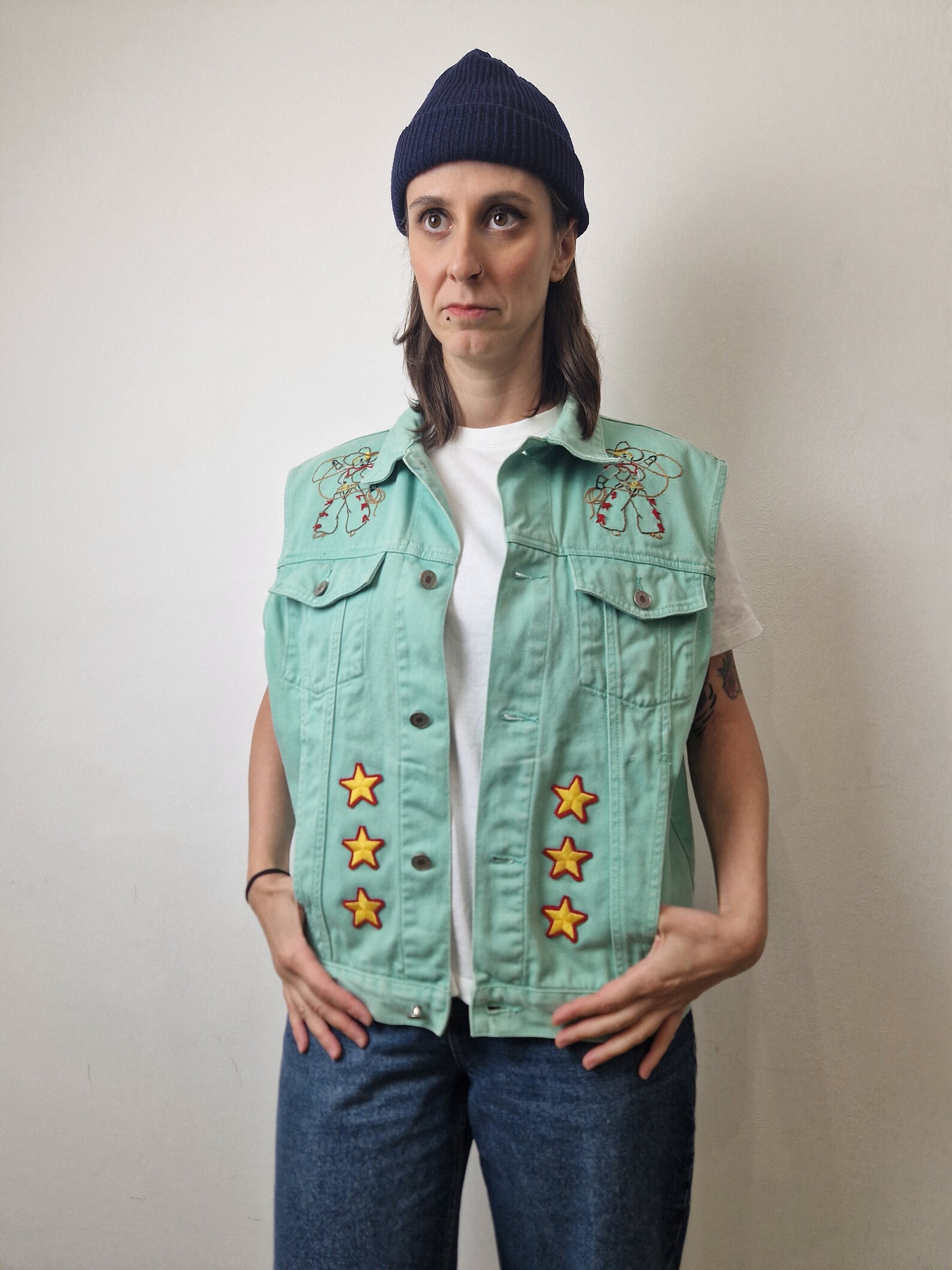 Vintage Embroidered Gilet in Green Denim, Western Style Embroidery ...