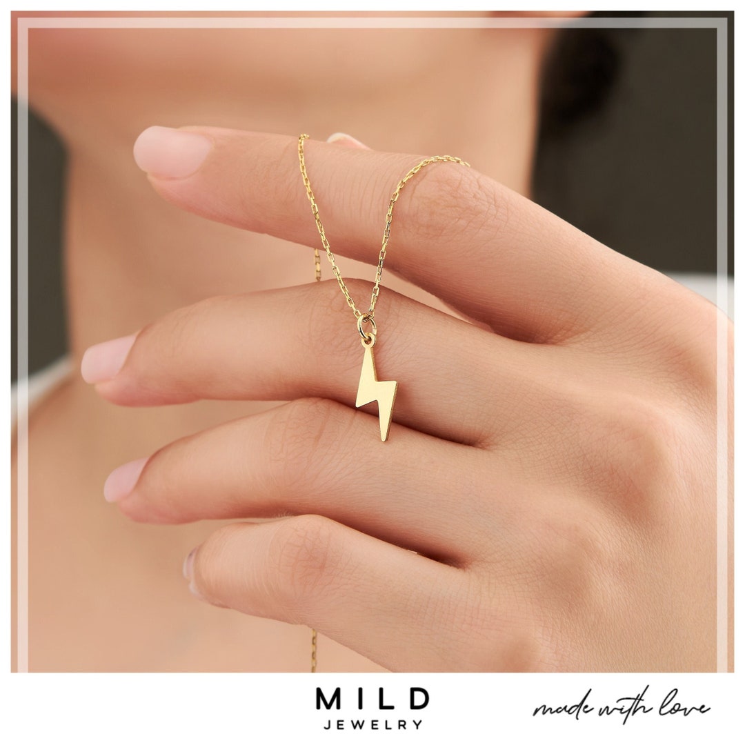 14k Solid Gold Lightning Bold Necklace • Tiny Thunderbolt Pendant ...