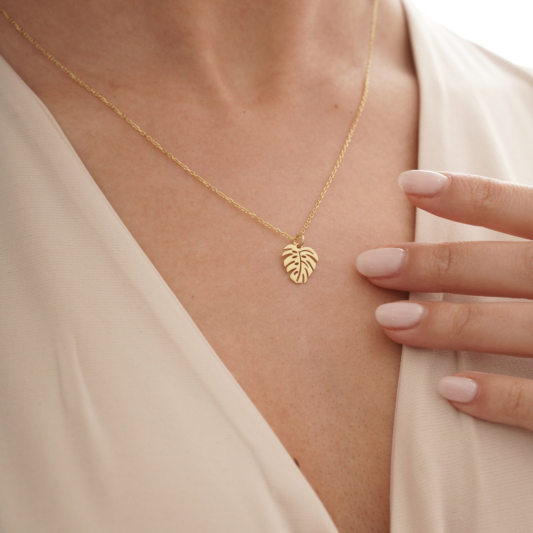 14k Solid Gold Monstera Leaf Necklace: Dainty Tropical Pendant - Etsy