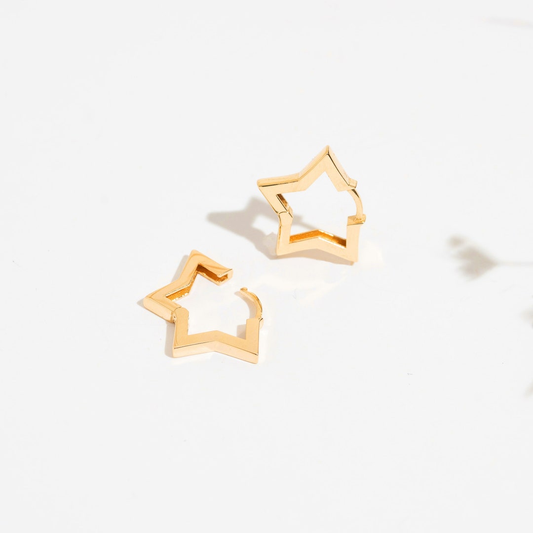 14k Gold Star Hoop Earrings • 14k Gold Hoops • Delicate Star Earrings ...