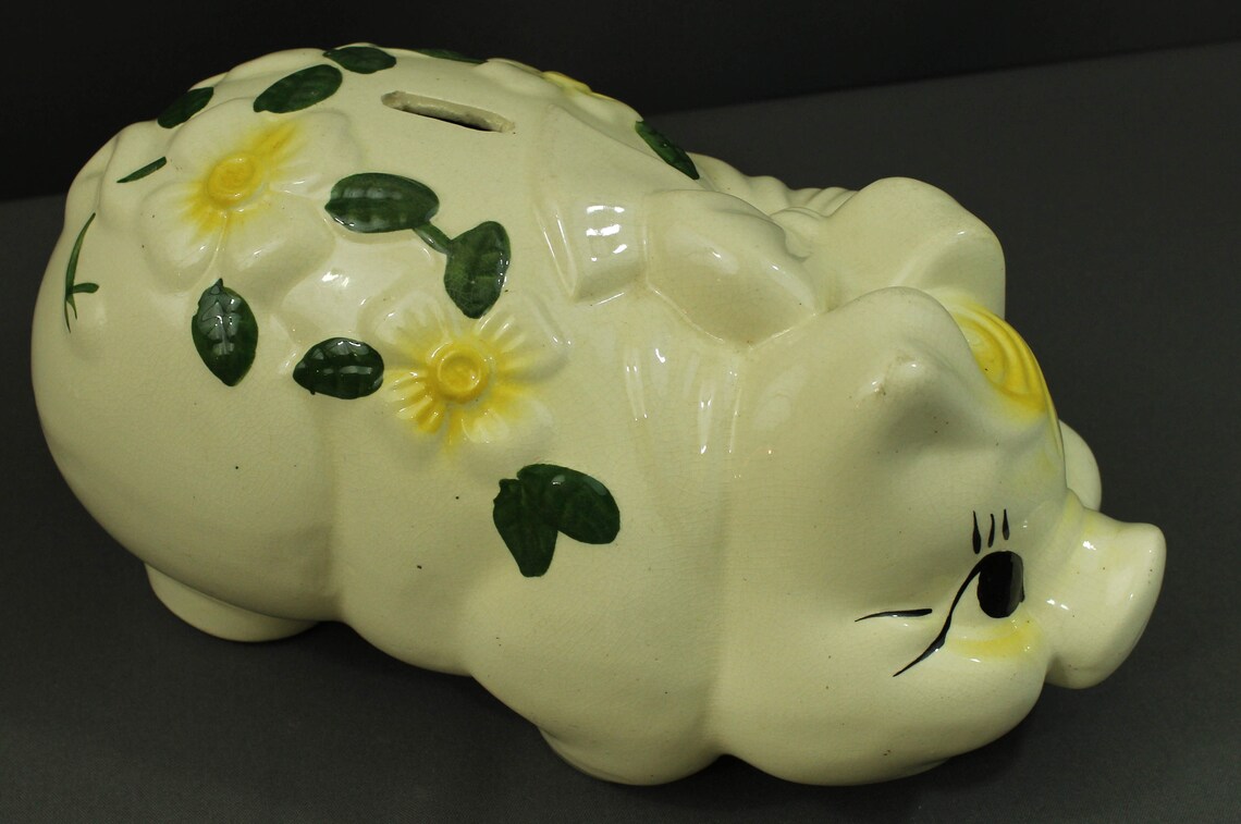 Vintage jumbo pig piggy bank white with yellow bow and flowers | Etsy