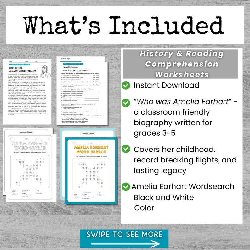 Amelia Earhart Reading Comprehension Worksheet Grades 3-5 (PDF Download ...