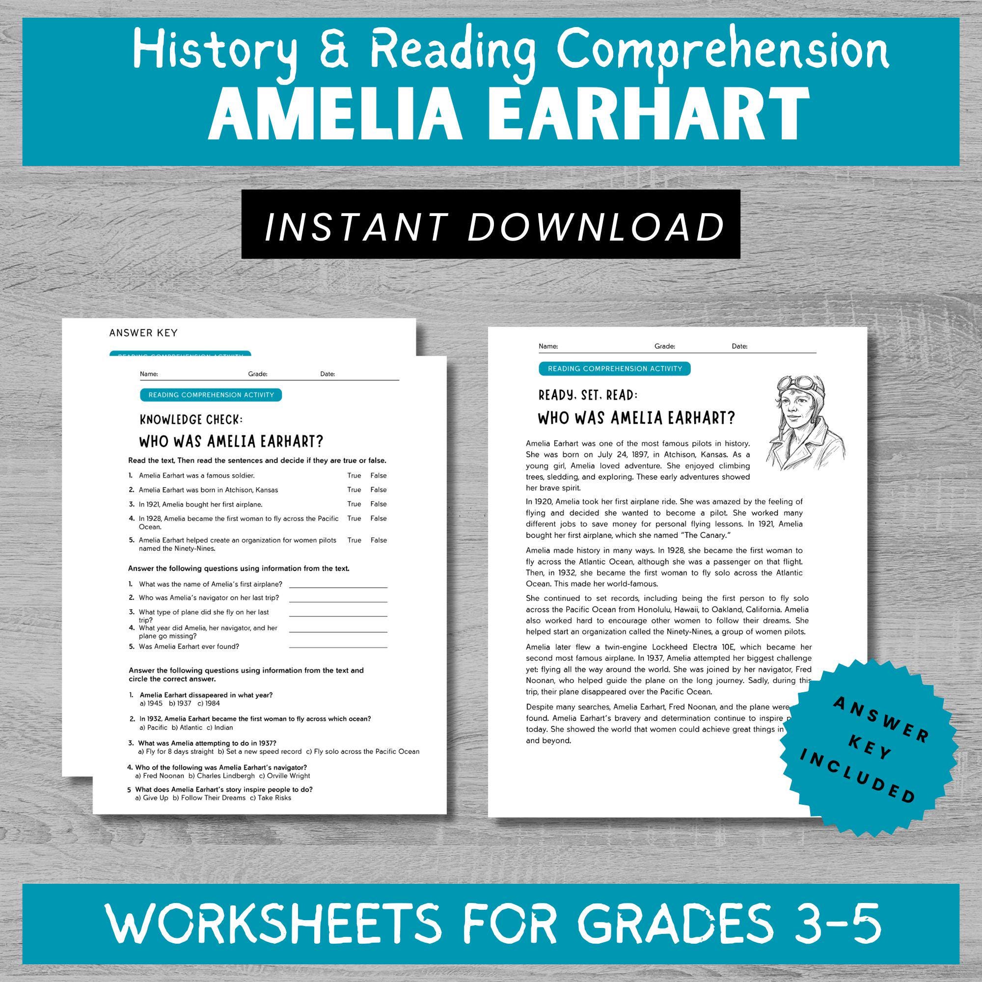 Amelia Earhart Reading Comprehension Worksheet Grades 3-5 (PDF Download ...