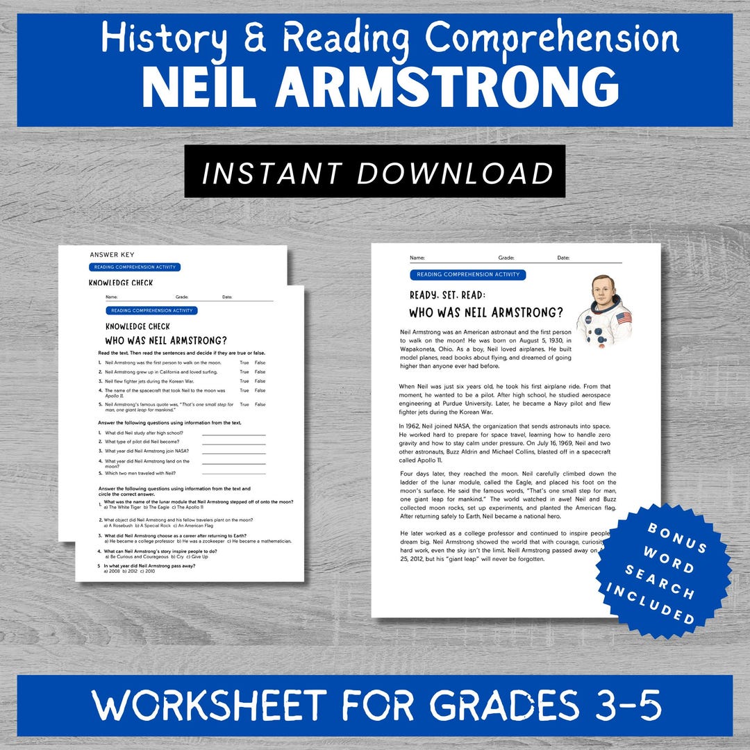 Neil Armstrong Reading Comprehension Activity | Biography Passage ...