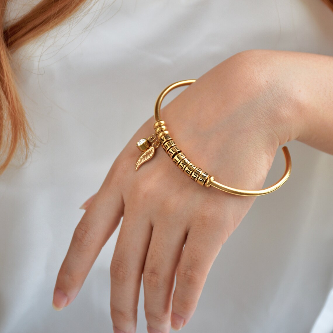 Personalized Engraved Names Bangle • Custom Bangle Bracelet With Beads ...