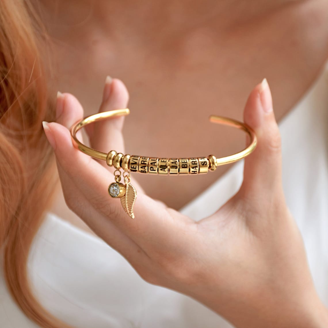 Personalized Engraved Names Bangle • Custom Bangle Bracelet With Beads ...