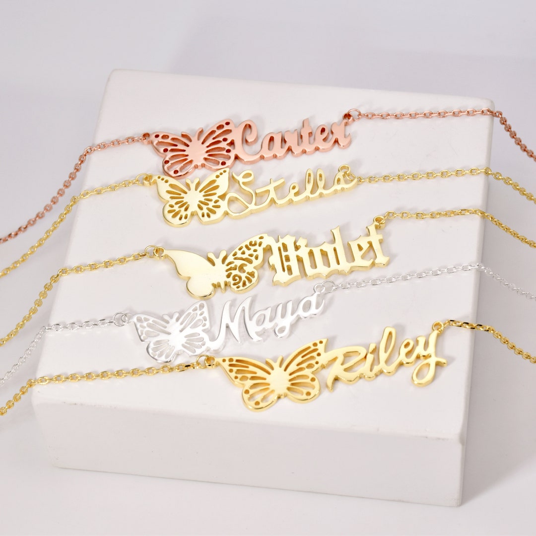 Name Necklace With Butterfly • Butterfly Necklace • Birth Butterfly ...