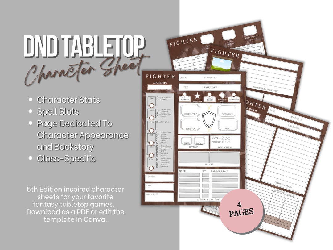 Fighter Editable DND 5E Character Sheet | Edit in Canva | 4 Pages - Etsy