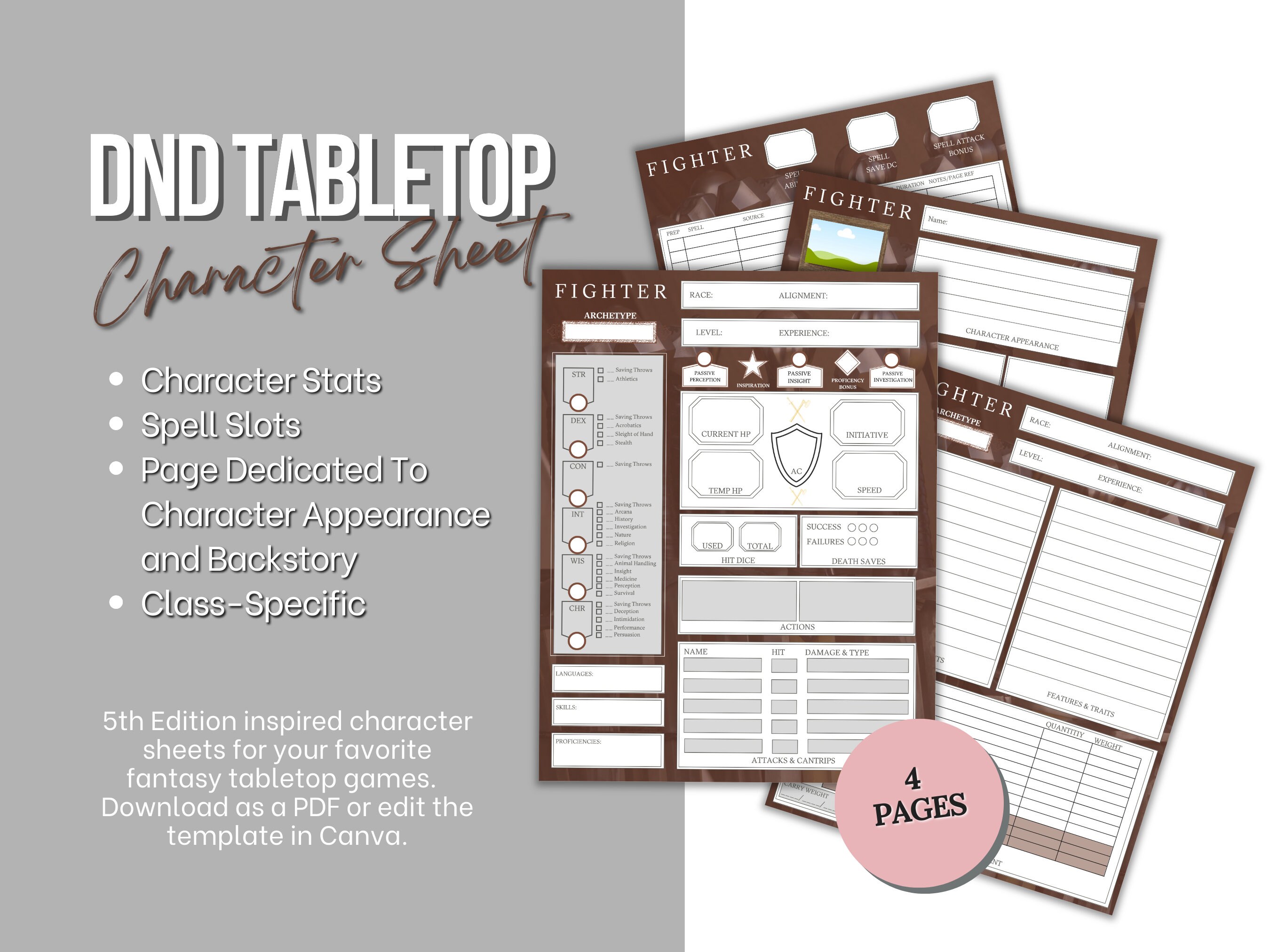 Fighter Editable DND 5E Character Sheet | Edit in Canva | 4 Pages - Etsy UK