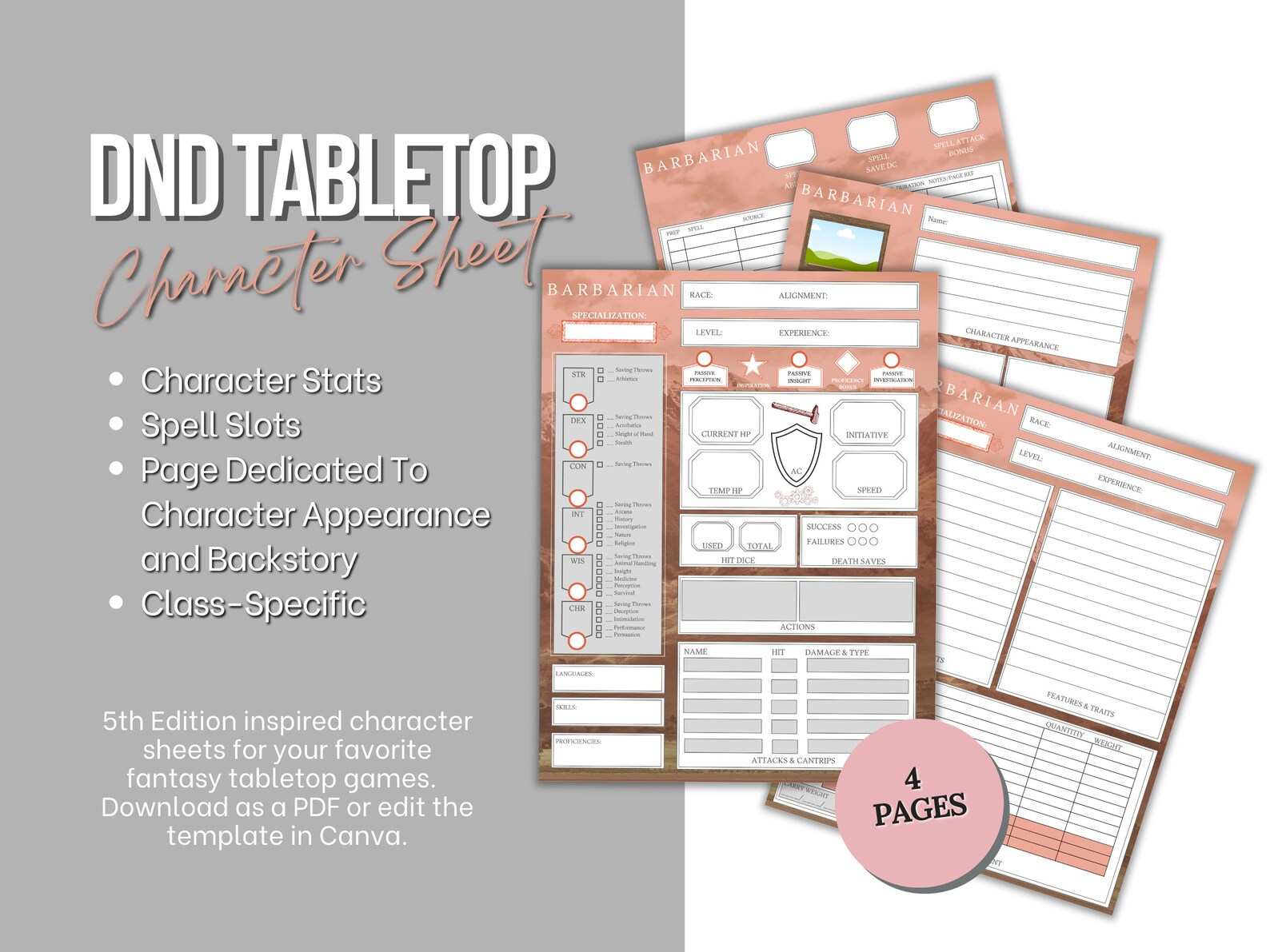 Barbarian Editable DND 5E Character Sheet Edit in Canva 4 - Etsy UK