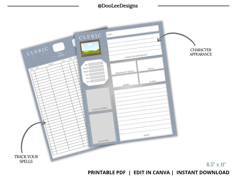 Cleric Editable DND 5E Character Sheet | Edit in Canva | 4 Pages - Etsy