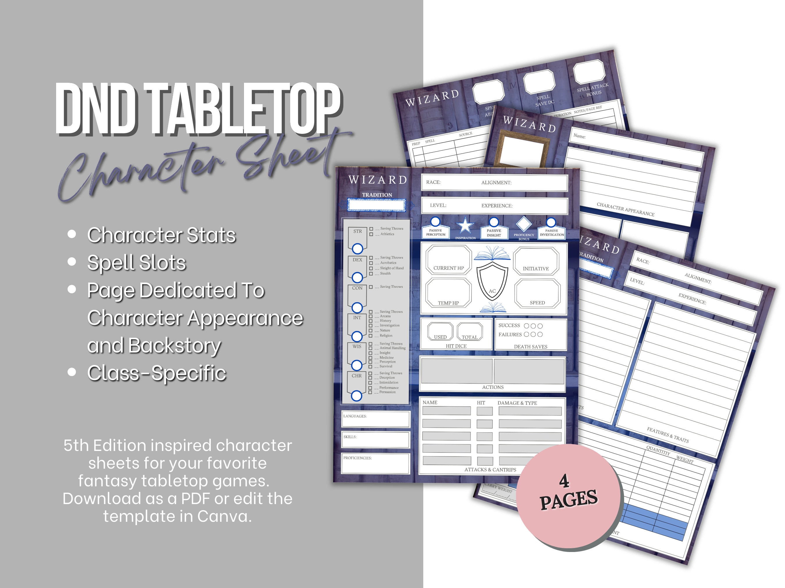 Wizard Editable DND 5E Character Sheet Edit in Canva 4 - Etsy UK