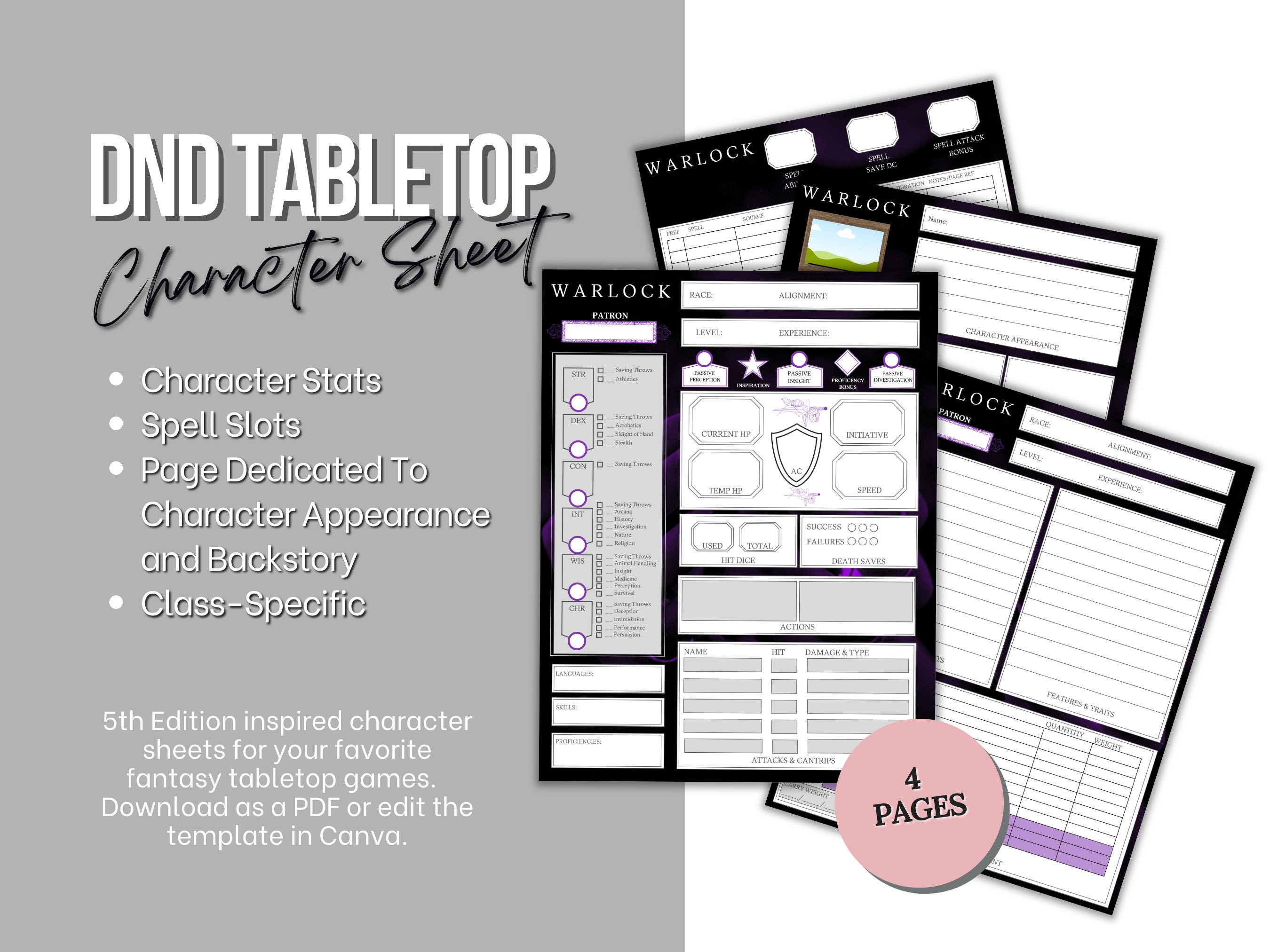 Warlock Editable DND 5E Character Sheet | Edit in Canva | 4 Pages - Etsy