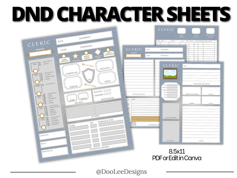 Cleric Editable DND 5E Character Sheet | Edit in Canva | 4 Pages - Etsy