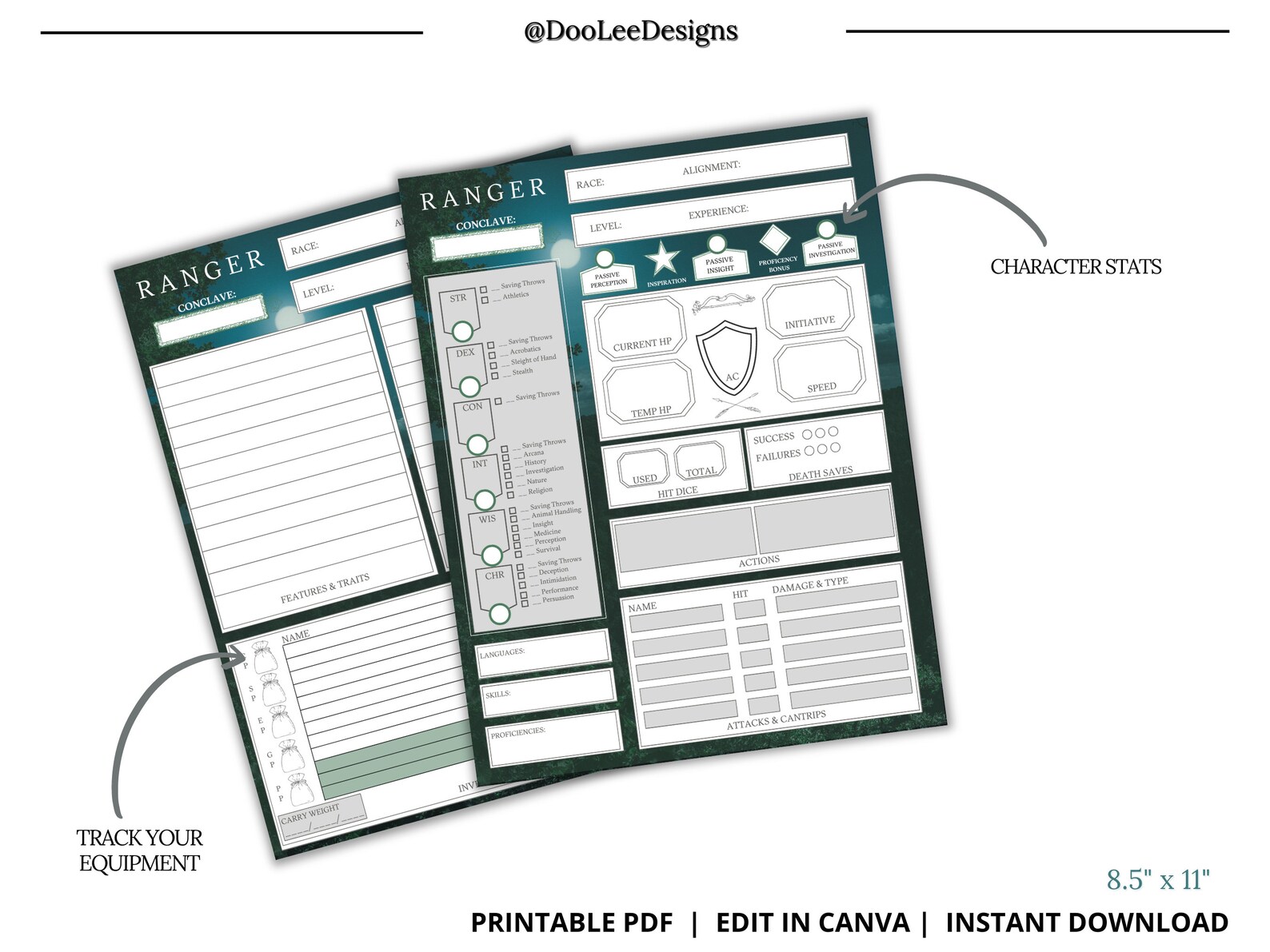 Ranger Editable DND 5E Character Sheet | Edit in Canva | 4 Pages - Etsy
