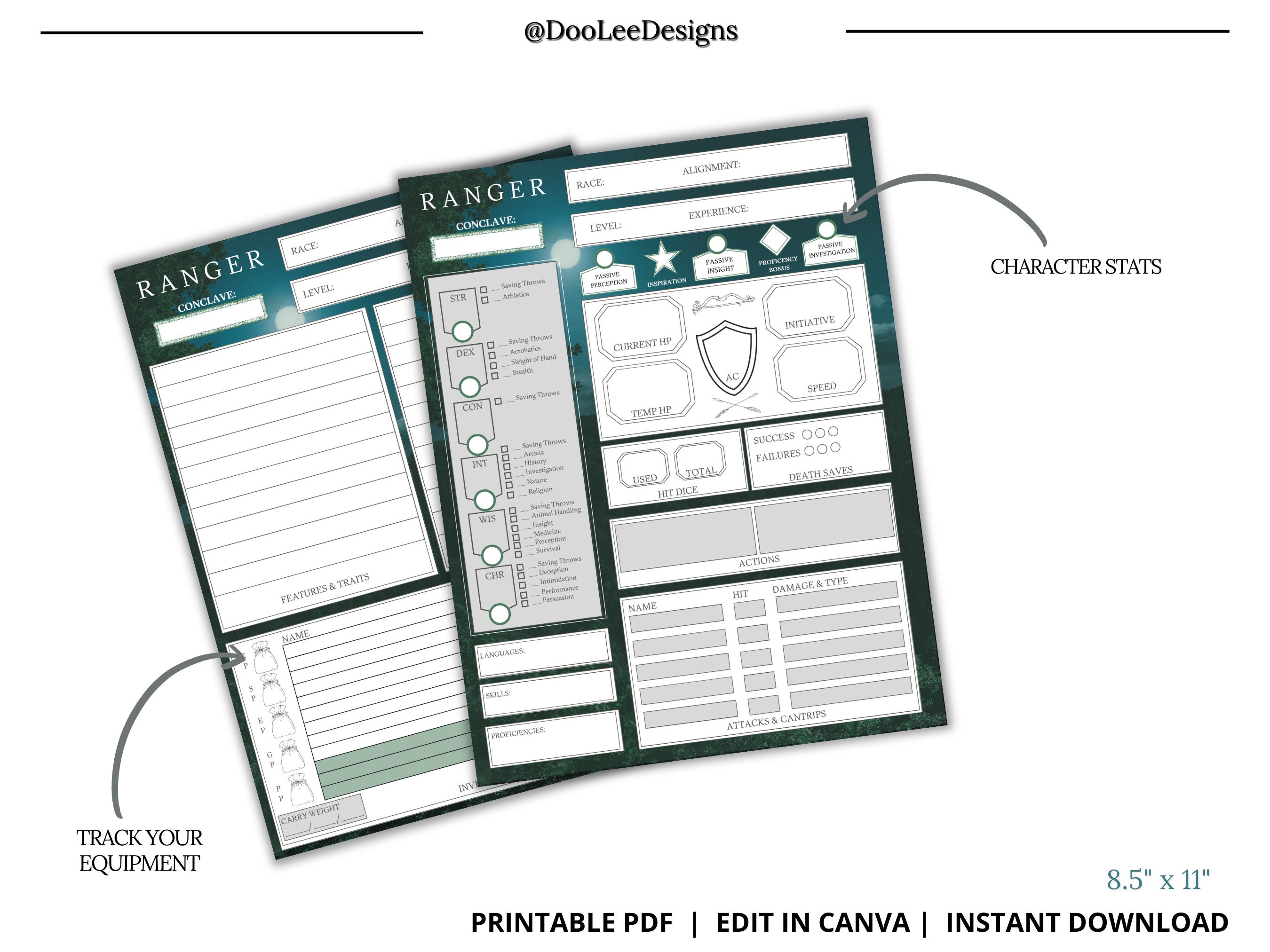 Ranger Editable DND 5E Character Sheet | Edit in Canva | 4 Pages - Etsy