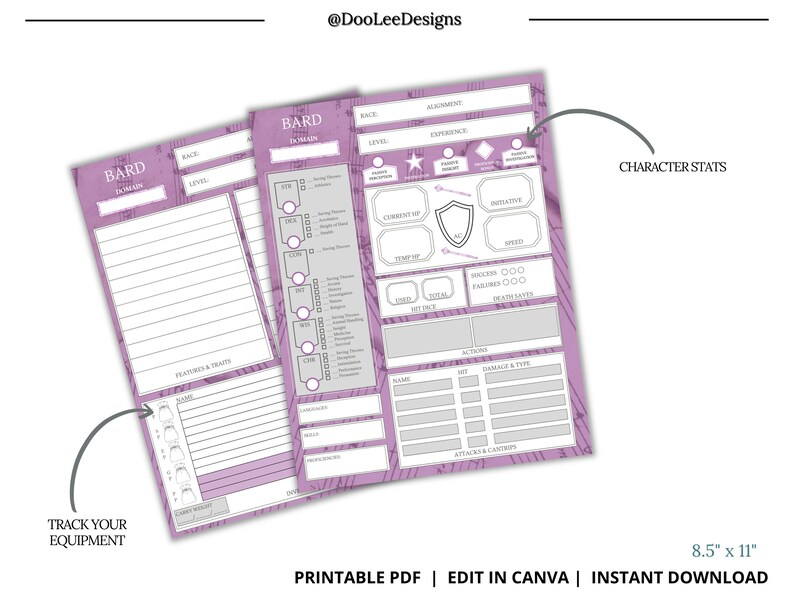 Bard Editable DND 5E Character Sheet | Edit in Canva | 4 Pages - Etsy
