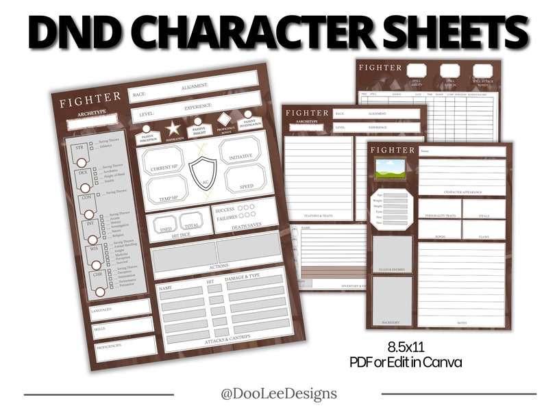 Fighter Editable DND 5E Character Sheet | Edit in Canva | 4 Pages - Etsy UK