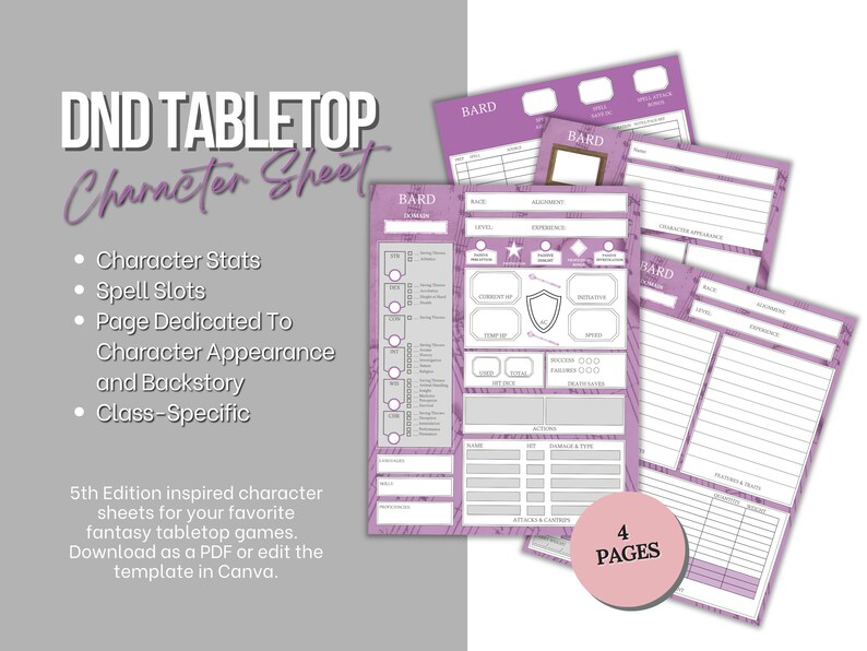 Bard Editable DND 5E Character Sheet | Edit in Canva | 4 Pages - Etsy
