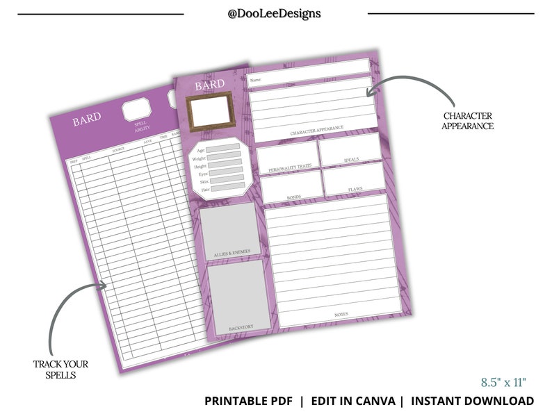Bard Editable DND 5E Character Sheet | Edit in Canva | 4 Pages - Etsy