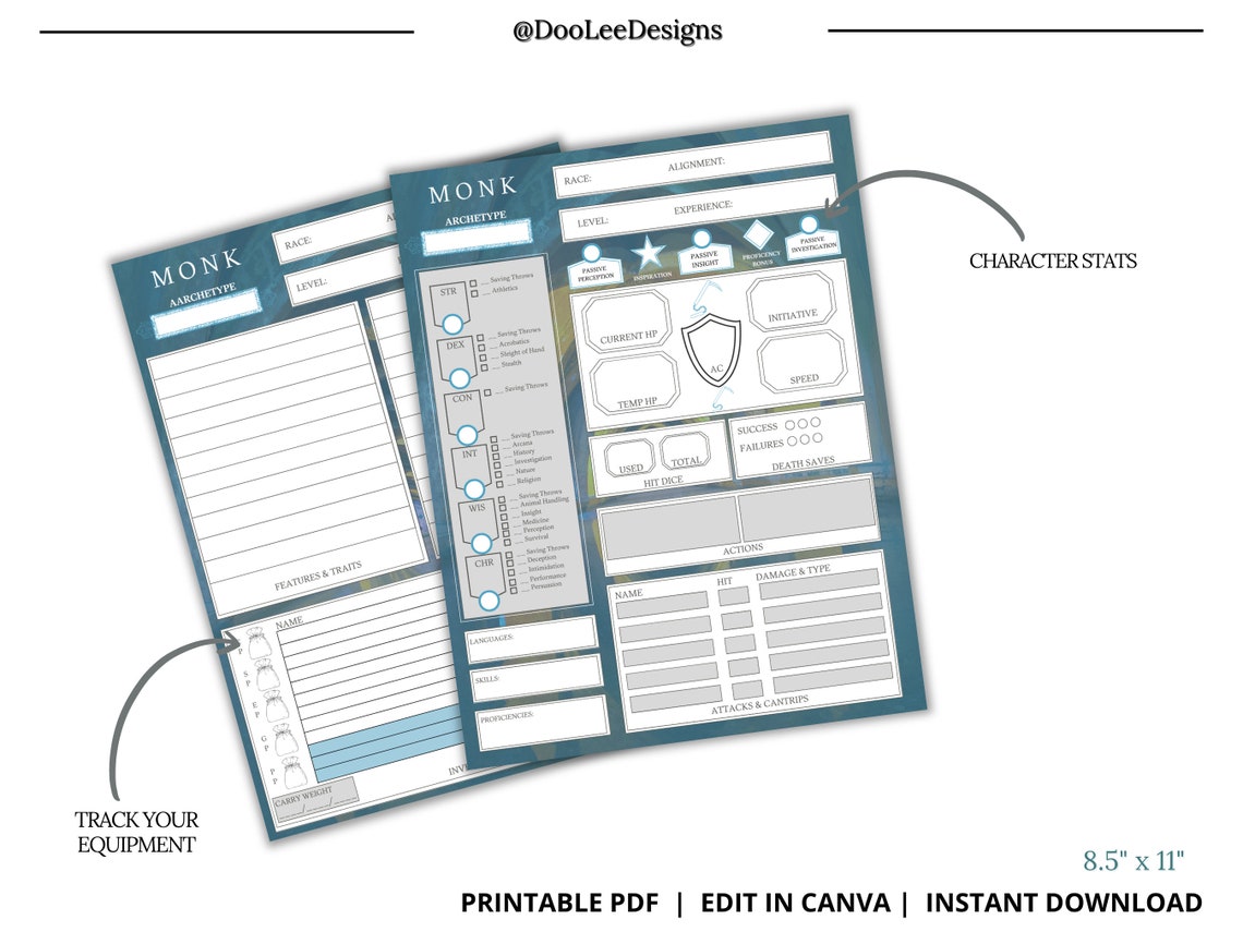 Monk Editable DND 5E Character Sheet | Edit in Canva | 4 Pages - Etsy