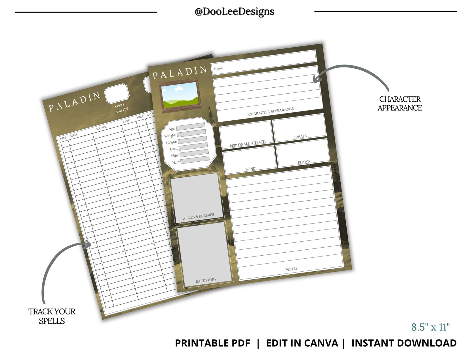 Paladin Editable DND 5E Character Sheet | Edit in Canva | 4 Pages - Etsy