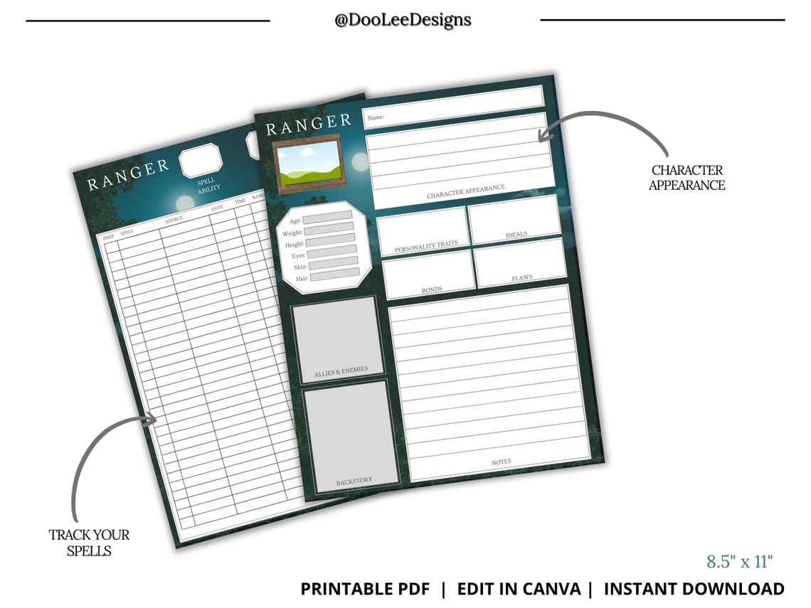 Ranger Editable DND 5E Character Sheet | Edit in Canva | 4 Pages - Etsy