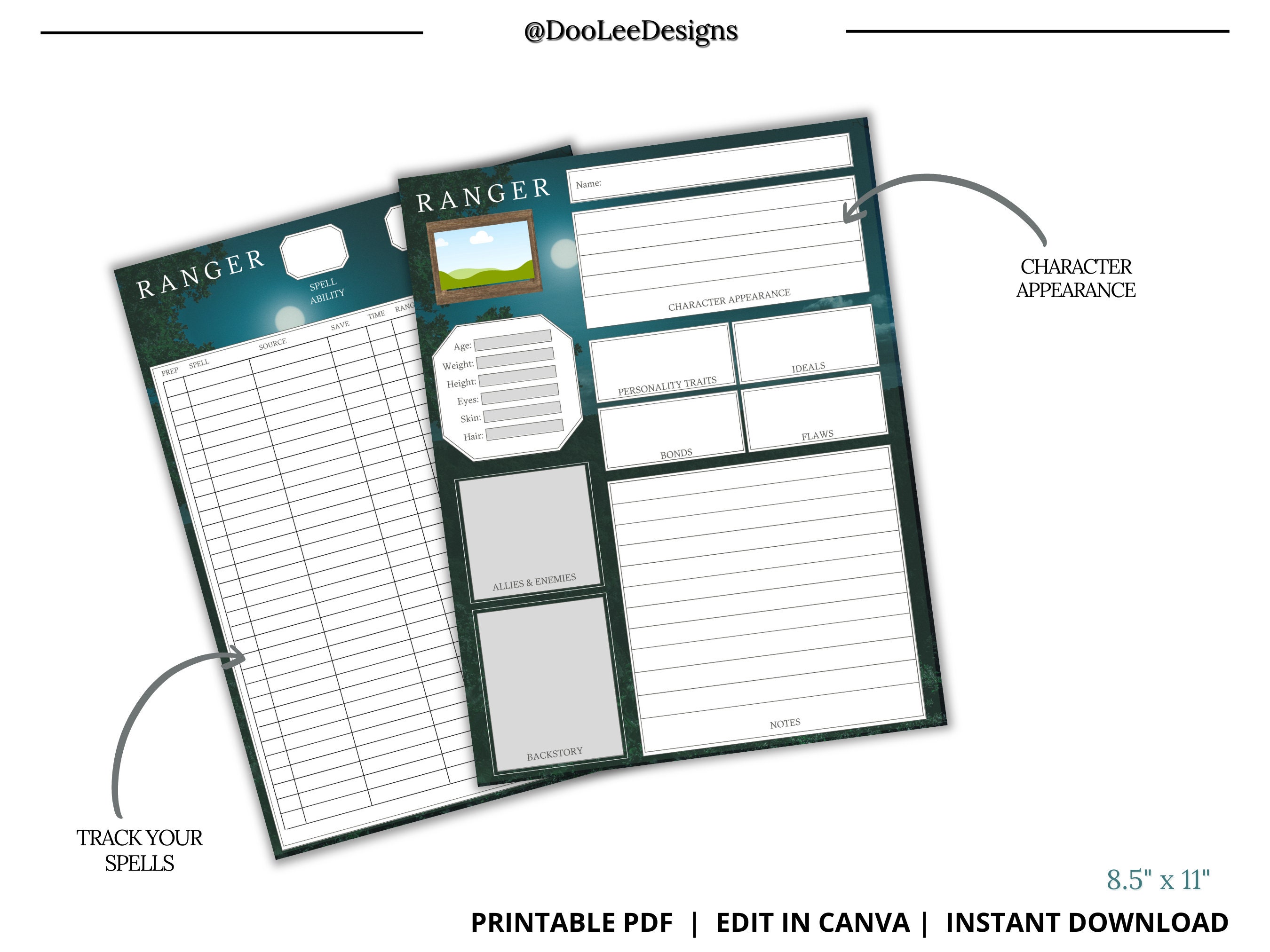 Ranger Editable DND 5E Character Sheet | Edit in Canva | 4 Pages - Etsy