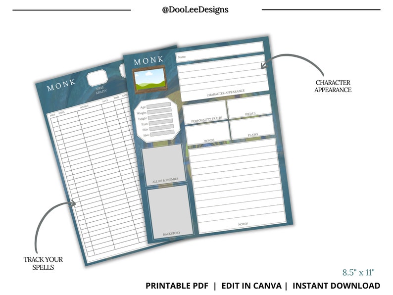 Monk Editable DND 5E Character Sheet | Edit in Canva | 4 Pages - Etsy