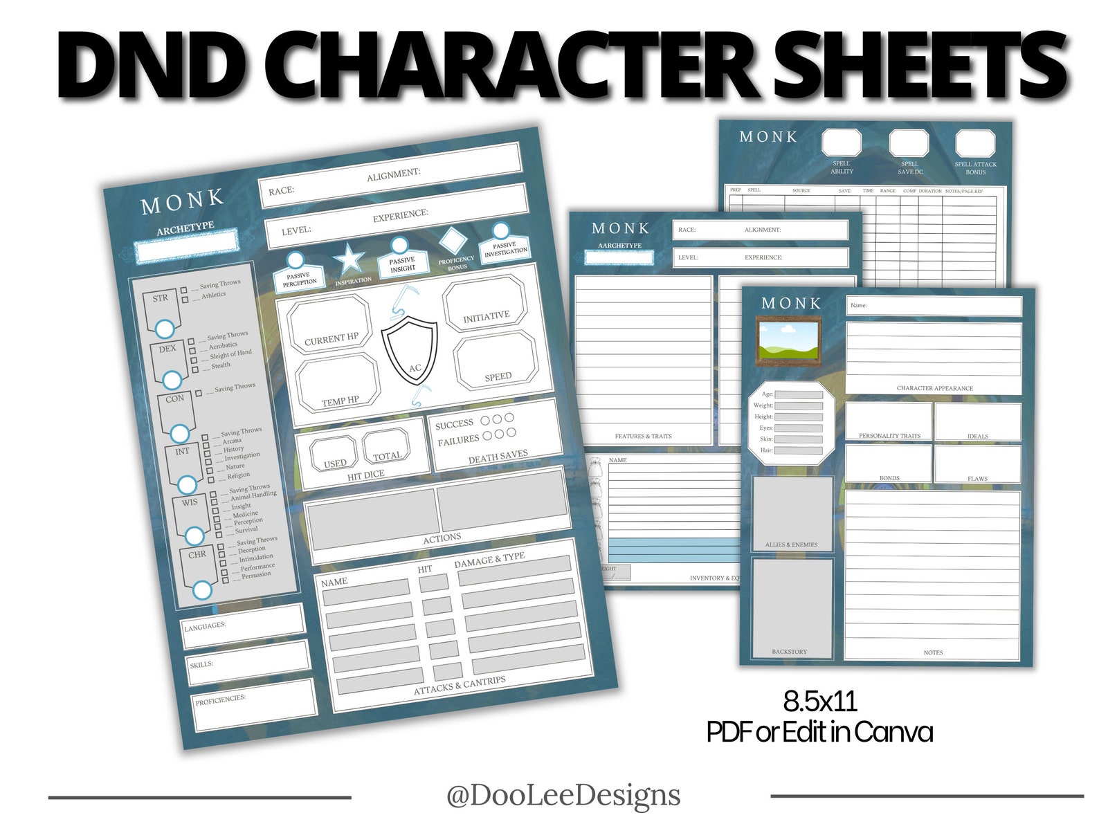 Monk Editable DND 5E Character Sheet | Edit in Canva | 4 Pages - Etsy