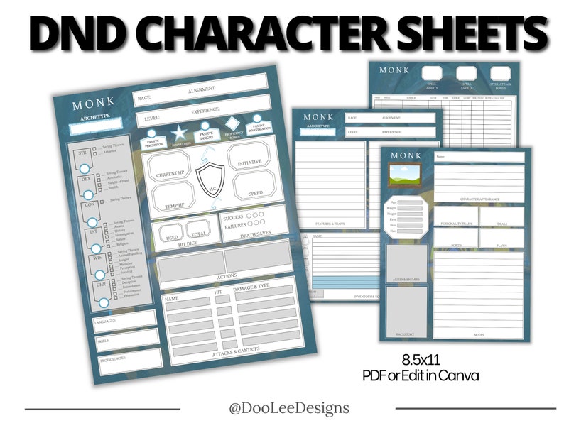 Monk Editable DND 5E Character Sheet | Edit in Canva | 4 Pages - Etsy