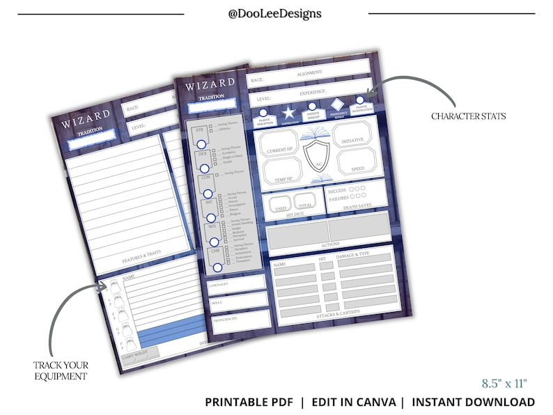 Wizard Editable DND 5E Character Sheet | Edit in Canva | 4 Pages - Etsy UK