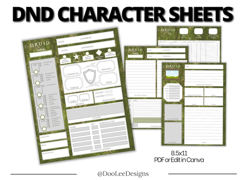 Druid Editable DND 5E Character Sheet | Edit in Canva | 4 Pages - Etsy