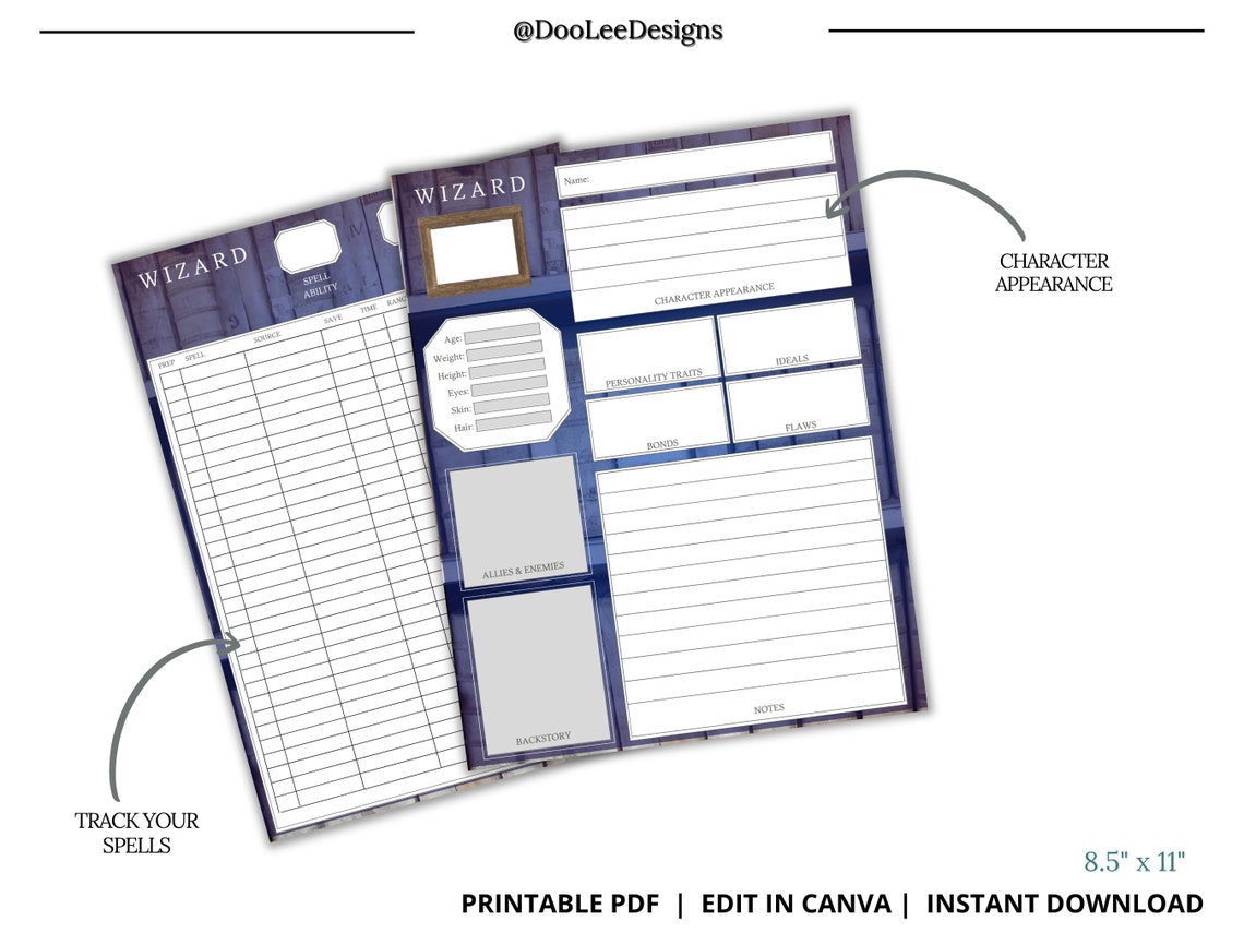 Wizard Editable DND 5E Character Sheet | Edit in Canva | 4 Pages - Etsy