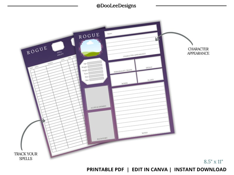Rogue Editable DND 5E Character Sheet | Edit in Canva | 4 Pages - Etsy