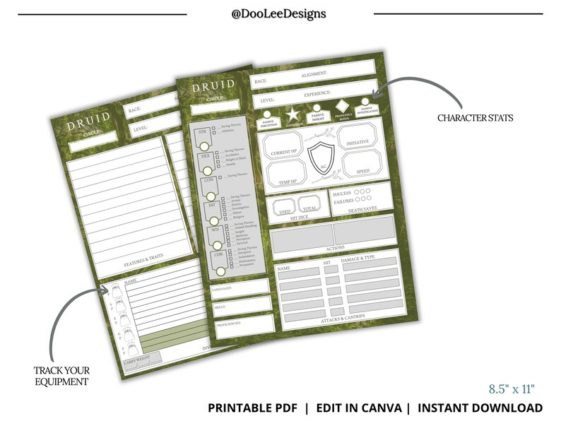 Druid Editable DND 5E Character Sheet | Edit in Canva | 4 Pages - Etsy