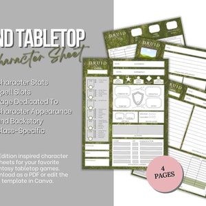 Druid Editable DND 5E Character Sheet | Edit in Canva | 4 Pages - Etsy