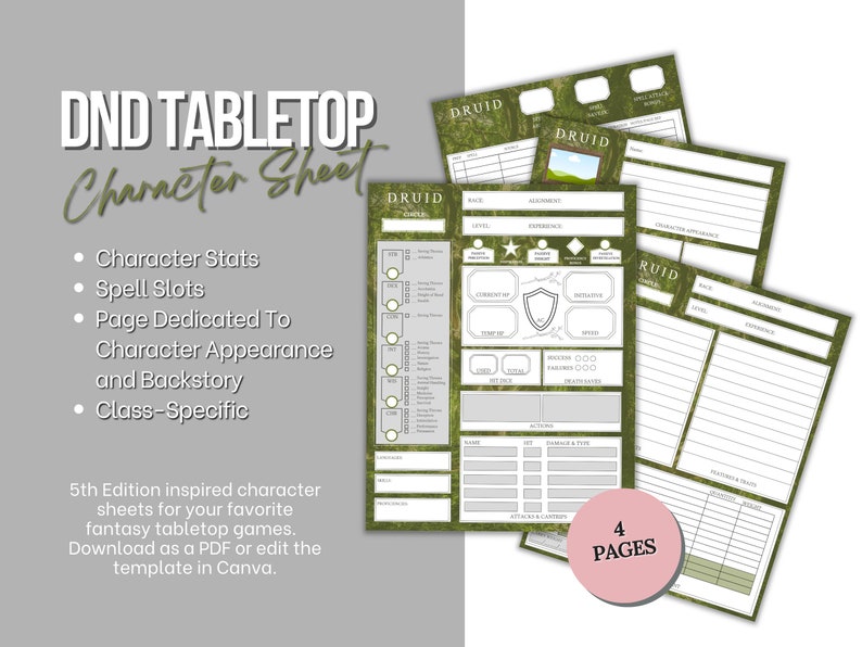 Druid Editable DND 5E Character Sheet | Edit in Canva | 4 Pages - Etsy