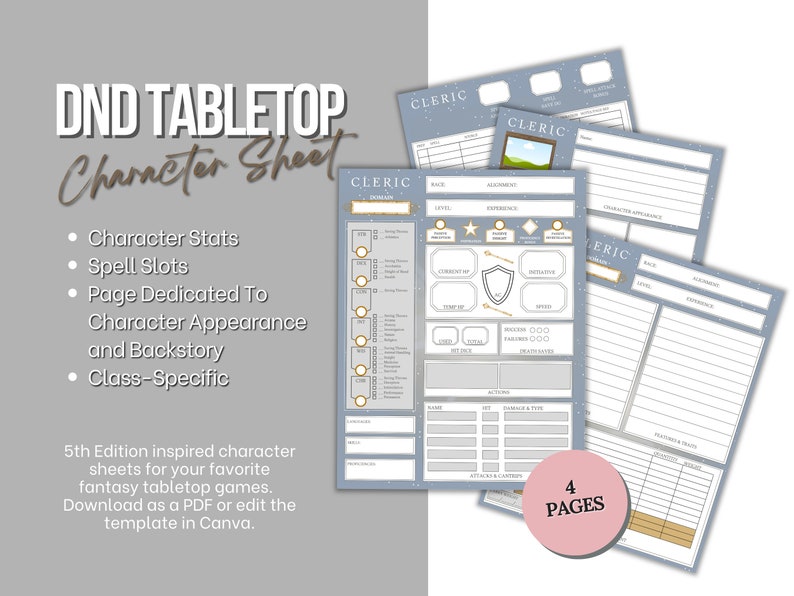 Cleric Editable DND 5E Character Sheet | Edit in Canva | 4 Pages - Etsy