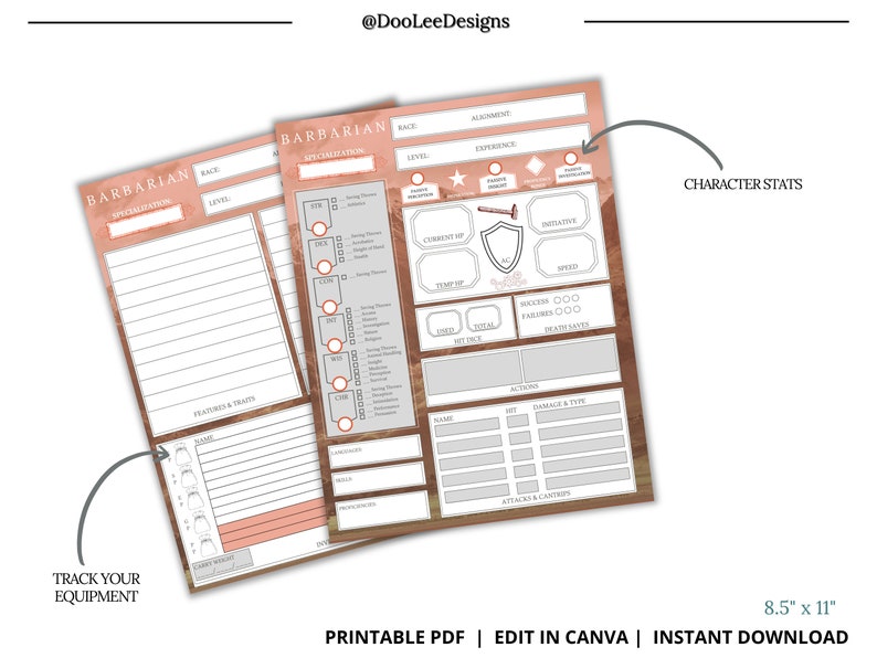 Barbarian Editable DND 5E Character Sheet | Edit in Canva | 4 Pages - Etsy