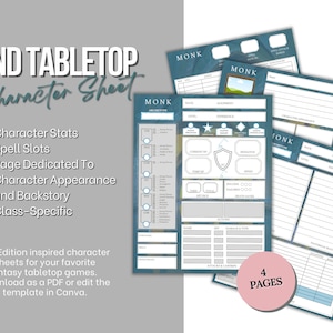 Monk Editable DND 5E Character Sheet | Edit in Canva | 4 Pages - Etsy