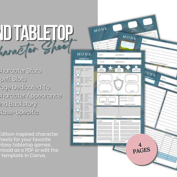 Dnd Monk Character Sheet - Etsy