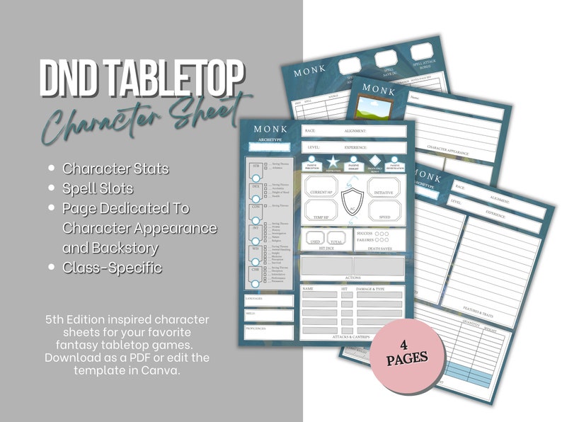 Monk Editable DND 5E Character Sheet | Edit in Canva | 4 Pages - Etsy