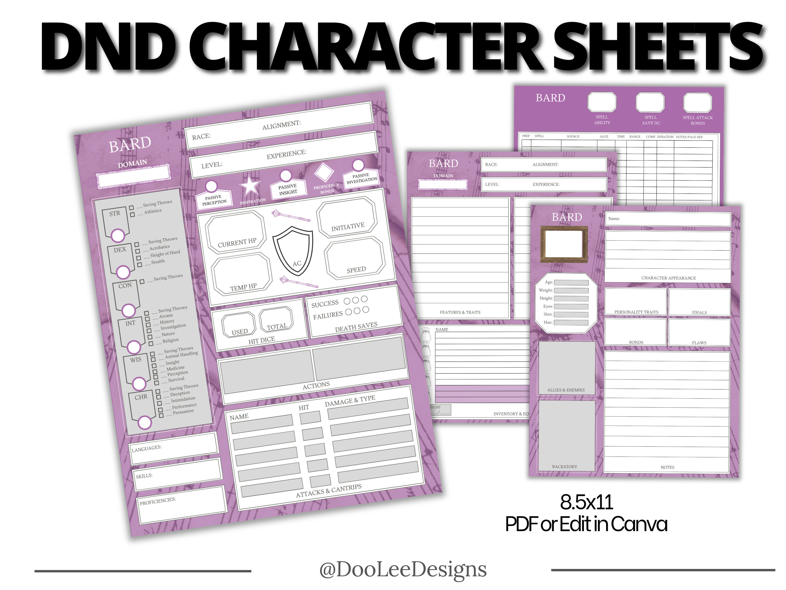 Bard Editable DND 5E Character Sheet | Edit in Canva | 4 Pages - Etsy