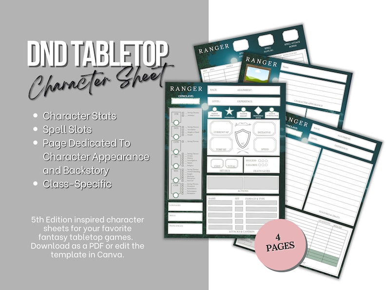 Ranger Editable DND 5E Character Sheet | Edit in Canva | 4 Pages - Etsy
