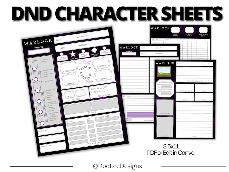Warlock Editable DND 5E Character Sheet | Edit in Canva | 4 Pages - Etsy
