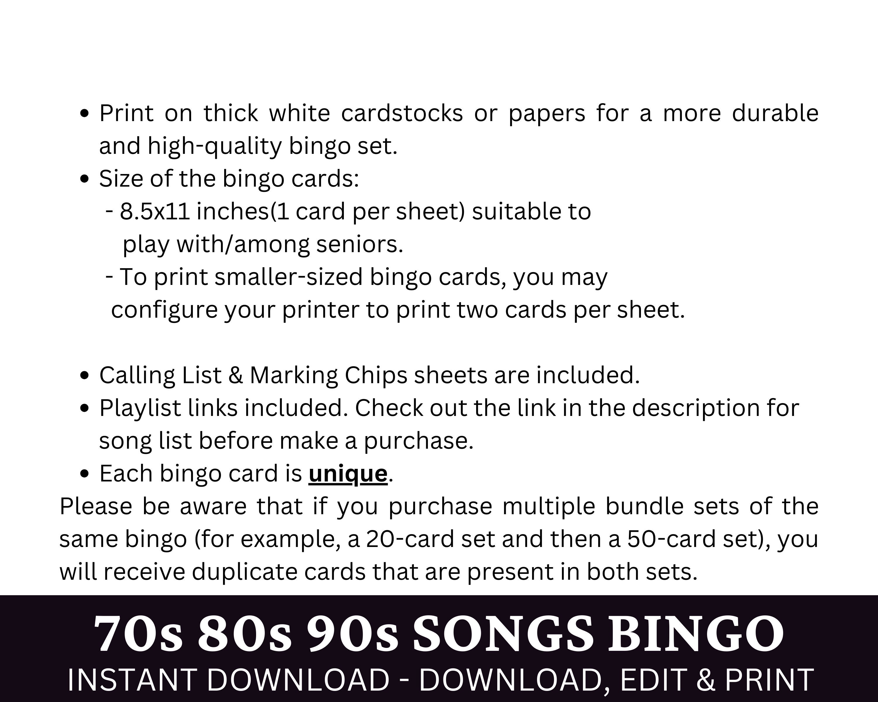 Decades of Hits Bingo 50 Card, 70s 80s 90s Songs Game for Party ...