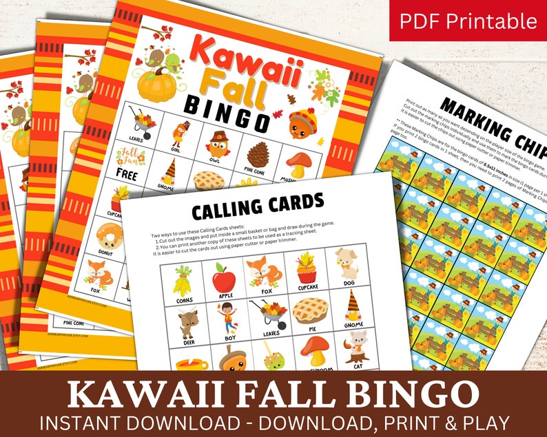 50 Kawaii Fall Bingo Game Cute Autumn Season Activity for - Etsy