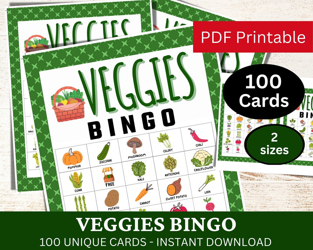 100 Veggies Bingo Game Card, Vegetables Bingo, Food Theme Party ...